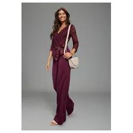 Jumpsuit Laura Scott, Damen, Gr. 42, N-Gr, bordeaux, Milano Rib, Obermaterial: 70% Viskose, 25% Polyester, 5% Elasthan. Futter: 95% Viskose, 5% Elasthan. Spitze: 92% Polyamid, 8% Elasthan, leicht transparent, unifarben, figurbetont lang, V-Ausschnitt, Overalls Jumpsuit, mit Spitzenoberteil und Satin-Bindeg&uuml;rtel