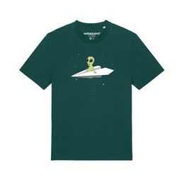 Watapparel T-Shirt 'Alien on a paper plane' Herren Gr&ouml;&szlig;e S dunkelgr&uuml;n / mischfarben