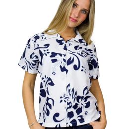 King Kameha Bluse 'Hibiscus White Line' Damen Gr&ouml;&szlig;e S navy