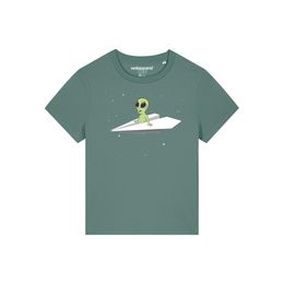 Watapparel T-Shirt ' Alien on a paper plane ' Damen Gr&ouml;&szlig;e S gr&uuml;n / mischfarben