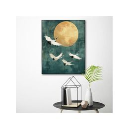 Orangewallz Gerahmter Kunstdruck "Evening Cranes Green" - 18% | Gr&ouml;&szlig;e 40x50 cm | Wanddekoration