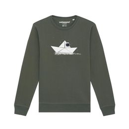 Watapparel Sweatshirt ' Astronaut in paper boat ' Herren Gr&ouml;&szlig;e S khaki / wei&szlig;