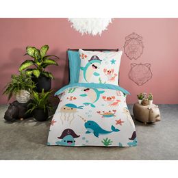 Good Morning Kinderbettw&auml;sche &raquo;Seaworlds&laquo; 2 Stk. 100% Baumwolle, 135x200, Rei&szlig;verschluss, Wendeoptik, Kind Junge, Pirat blau Renforc&eacute;, Obermaterial: 