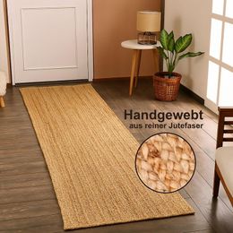 MyFlair L&auml;ufer &raquo;Lola&laquo; rechteckig 10 mm H&ouml;he Juteteppich, Wendeteppich, handgeflochten, 100% Naturfaser, Boho-Style beige Jute