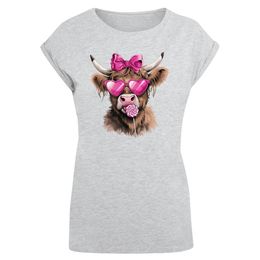 F4NT4STIC T-Shirt 'Highland Cow Valentinstag Sonnenbrille' Damen Gr&ouml;&szlig;e XL braun / grau / pink