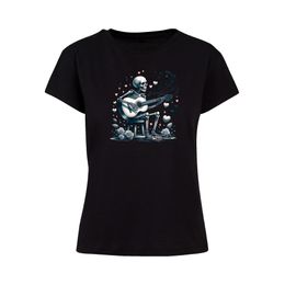 F4NT4STIC T-Shirt 'Skelett Spielt Gitarre, Musik, Liebe' Damen Gr&ouml;&szlig;e XS petrol / rosa / schwarz / offwhite