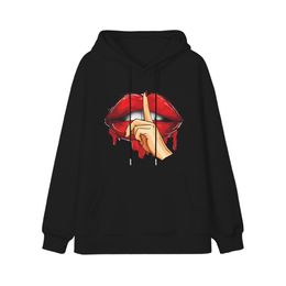 Gorhey Sweatshirt 'Oversized Women's Winter Fleece Hoodie with Large Pockets and Red Lips Print' Damen Gr&ouml;&szlig;e XS schwarz