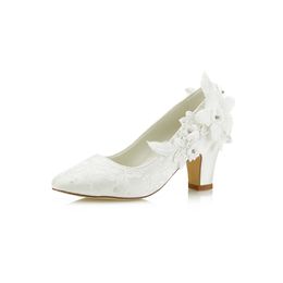 Jiajia Pumps 'Lace Pointed Toe Mid Heel Bridal Pumps with 3D Floral Appliqu&eacute;' Damen Gr&ouml;&szlig;e 38 elfenbein