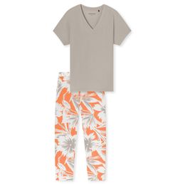 Schiesser Pyjama 'Selected Premium 7/8' Damen Gr&ouml;&szlig;e S grau / orange / wei&szlig; Winterkleid