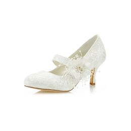 Jiajia Pumps 'Lace Mary Jane Mid Heel Bridal Shoes with 3D Floral Pearl Detail' Damen Gr&ouml;&szlig;e 37 elfenbein