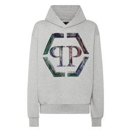 Sweatshirt Philipp Plein "Hexagon Mit Schmucksteinen", Herren, Gr. L, 10, grau, Obermaterial: 100% Baumwolle, 100% Glasfaser, Sweatshirts Sweatshirt