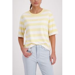 Sweatshirt monari "Sweatshirt Basic Ringel", Damen, Gr. 46, pastgelbger, Sweatware, Obermaterial: 83% Viskose, 14% Polyester, 3% Elasthan, geringelt, regular fit taillenbedeckt, Rundhals, eingesetzt abgesteppte Kante, Sweatshirts Sweatshirt, Regular fit mit Streifen