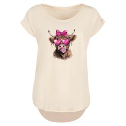 F4NT4STIC T-Shirt 'Highland Cow Valentinstag Sonnenbrille' Damen Gr&ouml;&szlig;e 5XL sand / brokat / dunkelbraun / fuchsia