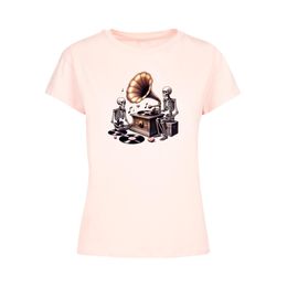 F4NT4STIC T-Shirt 'Gothic Skeleton Vintage Vinyl Plattenspieler' Damen Gr&ouml;&szlig;e S braun / dunkelgrau / rosa / schwarz