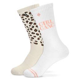 J.clay Tennissocken Set Leopardenmuster, GIRL GANG-Schriftzug Doppelpack Unisex Made in EU Damen Gr&ouml;&szlig;e 39/42 wei&szlig;