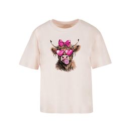 F4NT4STIC T-Shirt 'Highland Cow Valentinstag Sonnenbrille' Damen Gr&ouml;&szlig;e M cappuccino / dunkelbraun / fuchsia / pastellpink