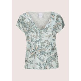 Madeleine Mode Longpullover MADELEINE "Stricktop Viskoseshirt mit Paisley-Muster", Damen, Gr. 36/38, blau (bleu, multicolor), Obermaterial: 71% Polyester PES. 29% Viskose CV., Modern, V-Ausschnitt, Pullover Longpullover, Dezent schimmerndes Finish