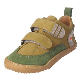Barfu&szlig;schuh QNUFFS "Ahorn", Jungen, Gr. 32, oil, tundra, Lederimitat, Veloursleder, kontrastfarbene Details, Schuhe Barfu&szlig;schuh, Klettschuh mit Nullsprenung, Gr&ouml;&szlig;enschablone zum Download