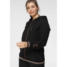 H.I.S. Kapuzensweatjacke H.I.S, Damen, Gr. 40/42, schwarz, Obermaterial: 95% Baumwolle, 5% Elasthan, figurumspielend h&uuml;ftbedeckend, Sweatjacken, mit metallisch gl&auml;nzenden Details; Gro&szlig;e Gr&ouml;&szlig;e