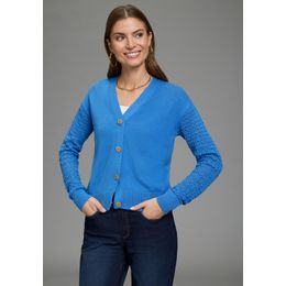 Strickjacke Laura Scott, Damen, Gr. 44/46, blau, Feinstrick, Obermaterial: 50% Baumwolle, 50% Polyacryl, unifarben, Basic, figurumspielend h&uuml;ftlang, V-Ausschnitt, Rippb&uuml;ndchen, Strickjacken Strickjacke, mit femininen Ajour&auml;rmeln und V-Ausschnitt