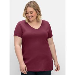 sheego Damen T-Shirt mit V-Ausschnitt, Rippqualit&auml;t, bordeaux, Gr&ouml;&szlig;e 56/58