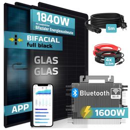SUNNIVA&reg; 1840W Balkonkraftwerk BIFAZIAL FULLBLACK komplett Steckdose DEYE 1600 Watt Wechselrichter, Solaranlage Komplettset, 4x 460W N-Type Glas-Glas Bifacial Solarmodule, 5m Kabel, 4x 2.5m Solarkabel