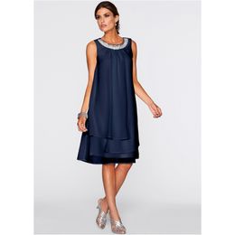 bonprix Premium Kleid mit Applikation, blau, Gr.52, Elegantes und kaschierendes Minikleid aus feinem Chiffon mit einer Strasssteinverzierung am Ausschnitt