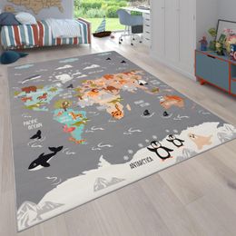Kinderteppich Paco Home, B:200cm H:4mm L:290cm, grau, Polyester, Teppiche, "Bino 581", Spielteppich, Motiv Weltkarte & Tiere, Kinderzimmer