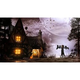 papermoon Fototapete "Alte H&uuml;tte und Vogelscheuche", B/L: 3,5m x 2,6m, Bahnen: 7 Stk., bunt, Schlafzimmer, Tapeten