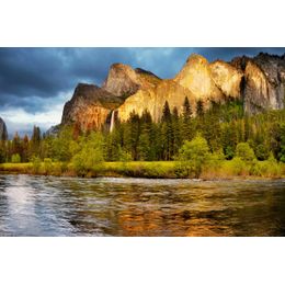 papermoon Fototapete "YOSEMITE TAL-FLUSS GEBIRGE WALD BERGE SONNE WASSERFALL", B/L: 4m x 2,6m, Bahnen: 8 Stk., bunt, Schlafzimmer, Tapeten