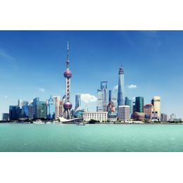 papermoon Fototapete "SHANGHAI-STADT CHINA SKYLINE BR&Uuml;CKEN UFER FLUSS STRAND", B/L: 3,5m x 2,6m, Bahnen: 7 Stk., bunt, Schlafzimmer, Tapeten