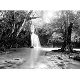 papermoon Fototapete "Wasserfall im Wald Schwarz & Wei&szlig;", B/L: 5m x 2,8m, Bahnen: 10 Stk., schwarz, Schlafzimmer, Tapeten