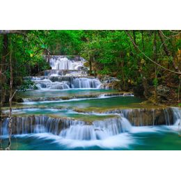 papermoon Fototapete "WASSERFALL-B&Auml;UME FLUSS SEE STEINE BLUMEN BERGE SONNE", B/L: 2,5m x 1,86m, Bahnen: 5 Stk., bunt, Schlafzimmer, Tapeten