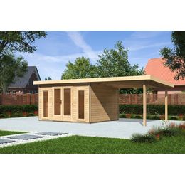 Gartenhaus Karibu, beige, Holzwerkstoff, Gartenh&auml;user, "Rabensee 2 SET", naturbelassen mit Anbaudach 3,3 m