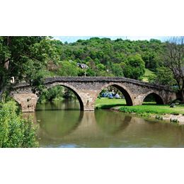 papermoon Fototapete "STEIN-BR&Uuml;CKE-FLUSS DORF WALD B&Auml;UME GEBIRGE STRAND ANTIK", B/L: 3m x 2,23m, Bahnen: 6 Stk., bunt, Schlafzimmer, Tapeten