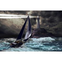 papermoon Fototapete "Schiff mit Leuchtturm", B/L: 4m x 2,6m, Bahnen: 8 Stk., bunt, Schlafzimmer, Tapeten