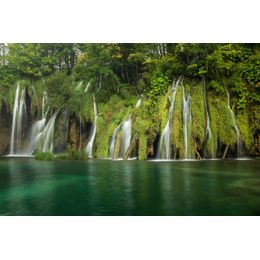 papermoon Fototapete "WASSERFALL-B&Auml;UME FLUSS SEE STEINE BLUME WALD BACH SONNE", B/L: 5m x 2,8m, Bahnen: 10 Stk., bunt, Schlafzimmer, Tapeten