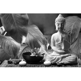papermoon Fototapete "Buddah Figur Schwarz & Wei&szlig;", B/L: 3,5m x 2,6m, Bahnen: 7 Stk., schwarz, Schlafzimmer, Tapeten