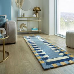 Wollteppich FLAIR RUGS, B:60cm H:10mm L:230cm, blau, Wolle, Wohnzimmer, Teppiche, "Kai Wool Border", Kai Wool Border L&auml;ufer Teppich