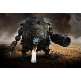 papermoon Fototapete "M&auml;dchen gr&uuml;&szlig;t Roboterdroide", B/L: 5m x 2,8m, Bahnen: 10 Stk., bunt, Schlafzimmer, Tapeten