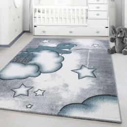 Kinderteppich, B:200cm H:12mm L:290cm, blau, Ayyildiz Teppiche, Kunstfaser, Teppiche, "Kids 580", auch in rund, Teddyb&auml;r, Sterne Design, Kurzflor