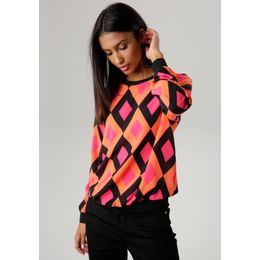 Damen Shirtbluse, bunt, Gr. 48, Aniston SELECTED, Rautenmuster, bedruckt, Cr&ecirc;pe, Obermaterial: 95% Polyester, 5% Elasthan, Blusen, mit unifarbenen