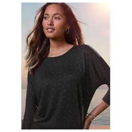 Rundhalsshirt Lascana "mit funkelnden Strass-Steinen", Damen, Gr. 36/38, blau (schwarz), Strick, Obermaterial: 50% Viskose (LENZINGTM ECOVEROTM), 46% Polyester, 4% Elasthan, Glitzermuster, figurumspielend, Rundhals, Shirts Rundhalsshirt, aus weichem Viskose-Strick