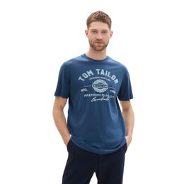 Tom Tailor Herren T-Shirt, blau, Gr. M, bedruckt, Single Jersey, Obermaterial: 100% Baumwolle, Shirts, mit gro&szlig;em Logofrontprint