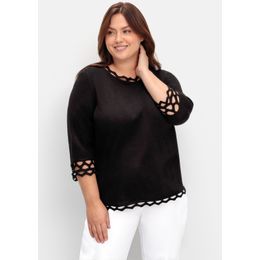 sheego Gro&szlig;e Gr&ouml;&szlig;en 3/4 Arm-Pullover mit Zierborte, schwarz, Gr&ouml;&szlig;e 54 - Damen