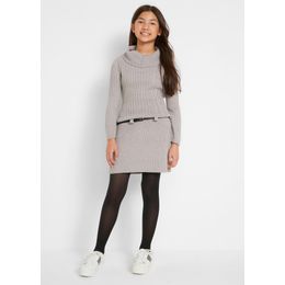 bonprix M&auml;dchen 2-in-1-Kleid, grau, Gr. 164, Obermaterial: 100% Polyacryl, Kleider, f&uuml;r Alltag, Grobstrick, mit seitlich versetztem Zopfmuster