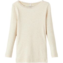 Langarmshirt name it "NMFKAB LS TOP NOOS", M&auml;dchen, Gr. 122/128, beige (peyote melange), Feinripp, Obermaterial: 57% Baumwolle, 38% Modal, 5% Elasthan, meliert, unifarben, regular fit h&uuml;ftbedeckend, Rundhals, abgesteppte Kante, Shirts Langarmshirt, in Feinripp und mit s&uuml;&szlig;er Spitzenkante am Ausschnitt
