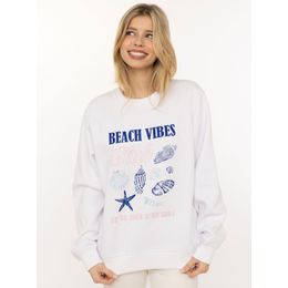 Hoodie Zwillingsherz "Beach Vibes Club", Damen, Gr. S/M, wei&szlig;, Sweatware, Obermaterial: 50% Baumwolle, 50% Polyester, Sweatshirts Hoodie, Rundhals, Muschel Print, Maritimer Look