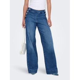 High-waist-Jeans Only "ONLMADISON HW BUTTON WIDE DNM GEN769NOOS", Damen, Gr. 30, L&auml;nge 30, blau (medium blau denim), Denim/Jeans, Obermaterial: 90% Baumwolle, 8% Polyester, 2% Elasthan, unifarben, relaxed fit kn&ouml;chellang, Jeans High-waist-Jeans, Topseller