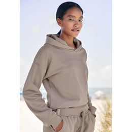 Hoodie Lascana, Damen, Gr. 36/38, braun (hellbraun), Sweatware, Obermaterial: 100% Baumwolle, Strukturmuster, unifarben, Basic, bequem h&uuml;ftbedeckend, breiter Bund, Sweatshirts Hoodie, aus organischer Baumwolle, Loungewear